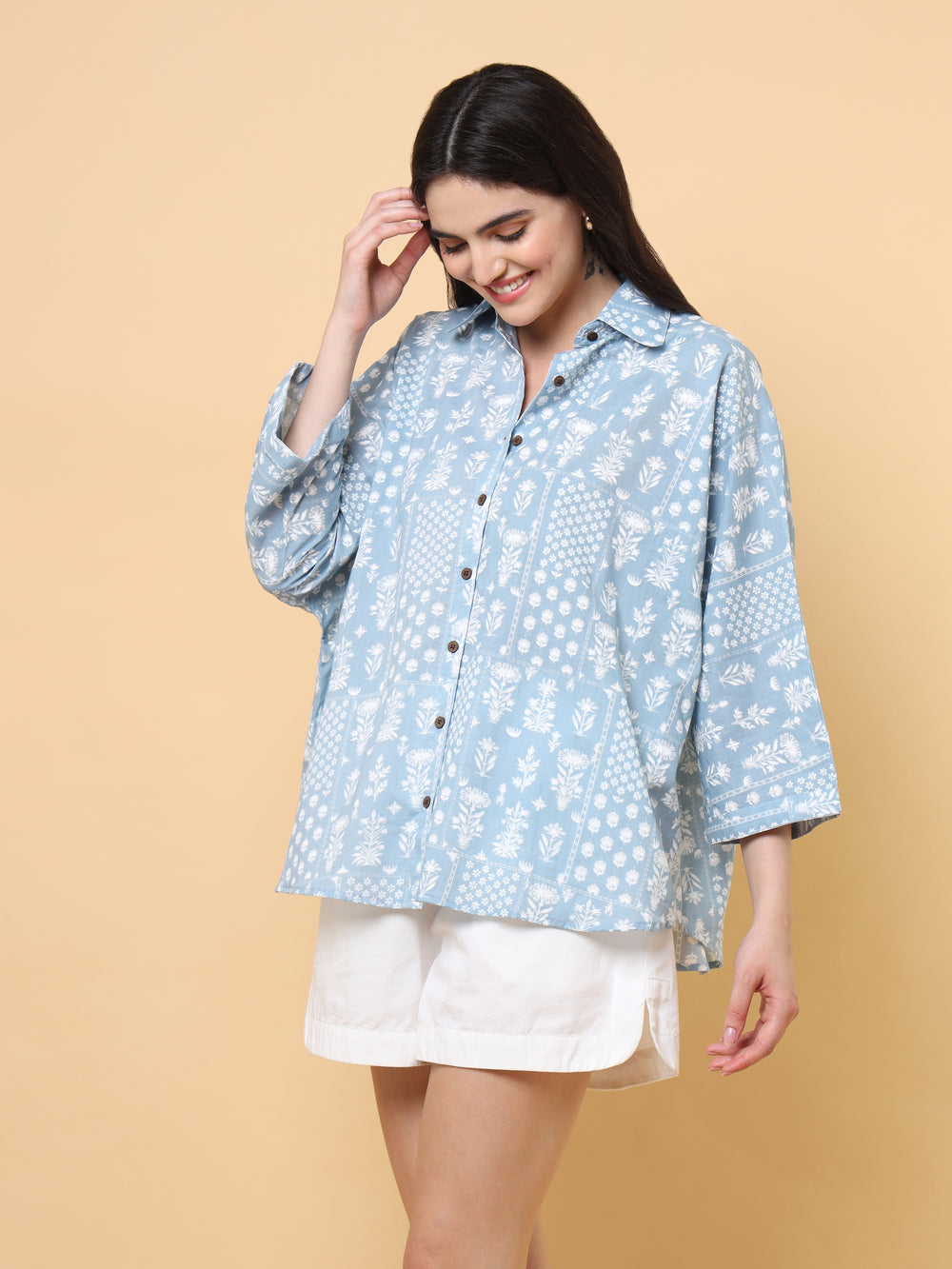Katya Oversized Shirt | Light Blue Oversized Shirt With Floral Print ...
